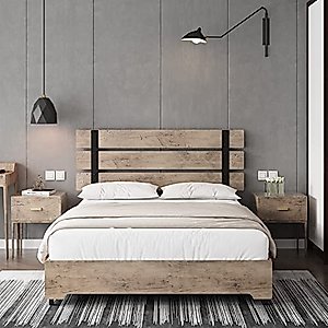 Queen Bed Frame with 4 Storage Drawers, Rustic Wooden Headboard and Footboard Platform Bed Frame with Strong Wood Slats and 9 Metal Legs Support, No Box Spring Needed, Easy Assembly, Wood-grain Brown