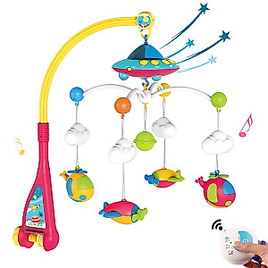 Baby Musical Crib Mobile with Light and 108 Melodies Music Box,Star Projector Function, Remote Control and Hanging Airplane Rattles Rotating,Gift Toy for Newborn