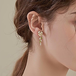 Sttiafay Vintage Pearl Flower Earrings Crystal Leaf Drop Earrings Gold Pearl Stud Earrings White Enamel Flower Earrings Jewelry for Women and Girls