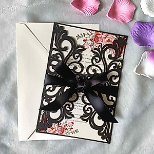 25PCS Laser Cut Wedding Invitations Cards with Envelopes,Blank Inner Sheets,Ribbons for Wedding Bridal Shower Quinceañera Engagement Birthday Invites, pearl black