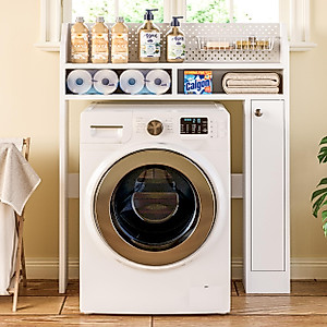 IRONCK Over The Toilet Storage Cabinet, Freestanding Bathroom Organizer with Door Cabinet & Open Shelves, Space-Saving Toilet Rack with Metal Pegboard and Wire Basket for Bathroom, Laundry Room, White