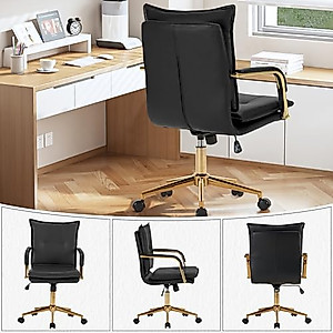MOJAY Mid-Back Ergonomic Leather Office Desk Chair, Modern Upholstered Computer Chair, Executive Office Chair with Arms, Swivel Adjustable Rolling Chair with Gold Base (Black)