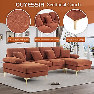 OUYESSIR 110" U Shaped Sectional Sofa Couch for Living Room, 4 Seater Sofa Convertible L-Shaped Chenille Couch Set with Chaise Lounge, Ottoman and Pillows, Orange