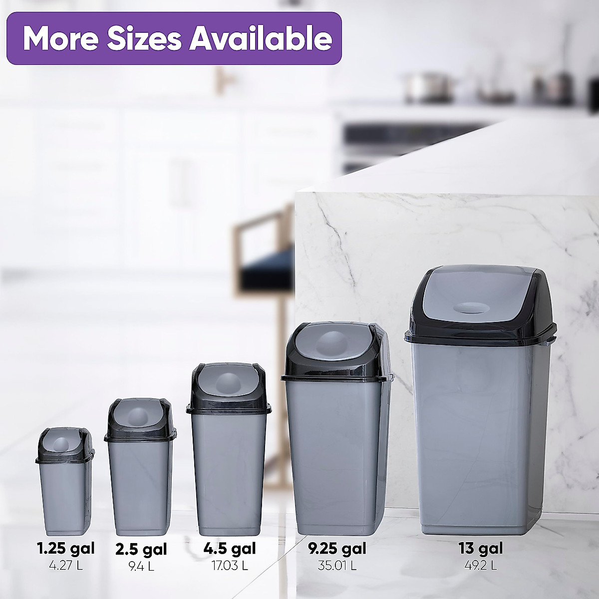 Superio Trash Can with Swing Top Lid 9 Gallon, Grey and Black Slim Waste Bin Durable Plastic 37 Qt Fit Small Spaces, Office, Bathroom, Under