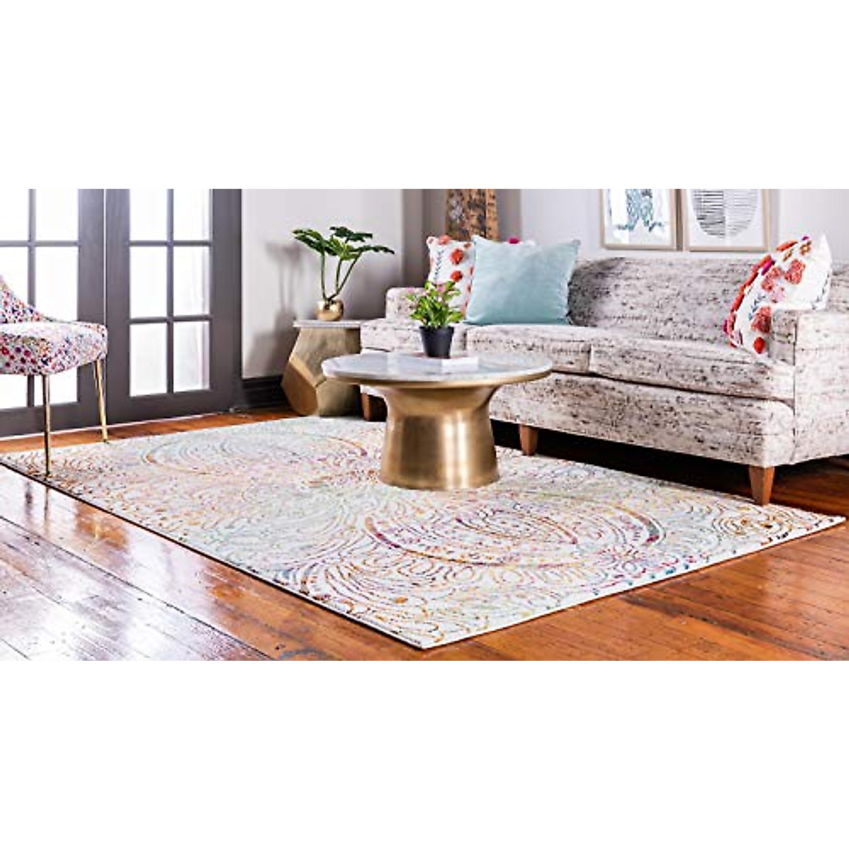 Unique Loom Lyon Collection Colorful Abstract Floral Rainbow Gradient Area Rug, 4 x 6 Feet, Ivory/Pink