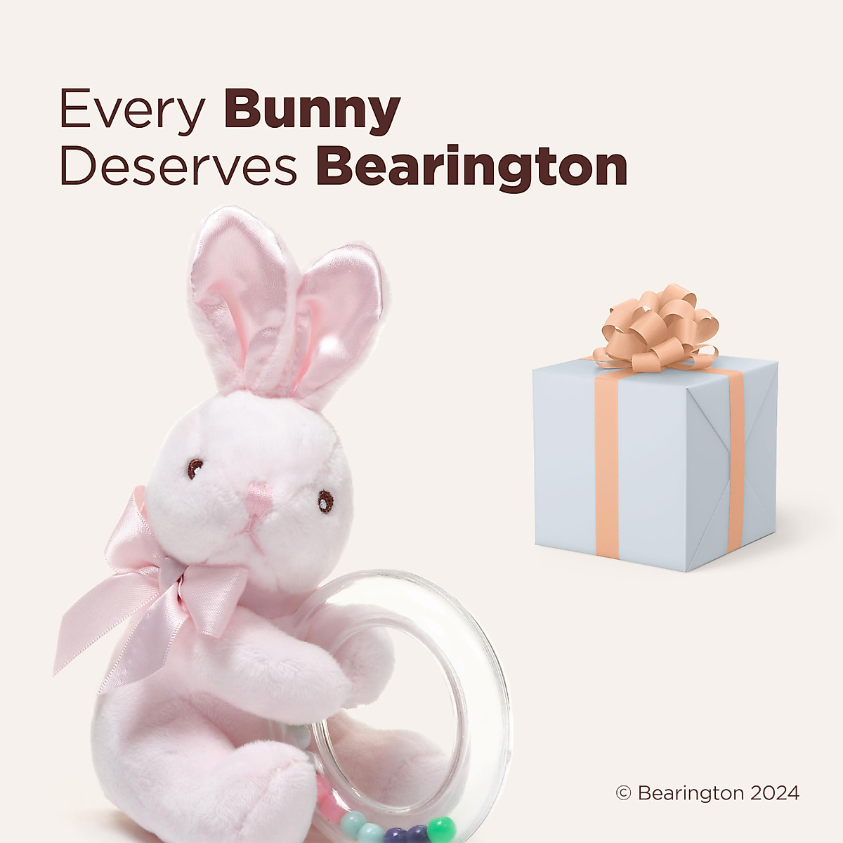 Bearington Baby Cottontail Plush Stuffed Animal Pink Bunny Shaker Toy Ring Rattle, 5.5"