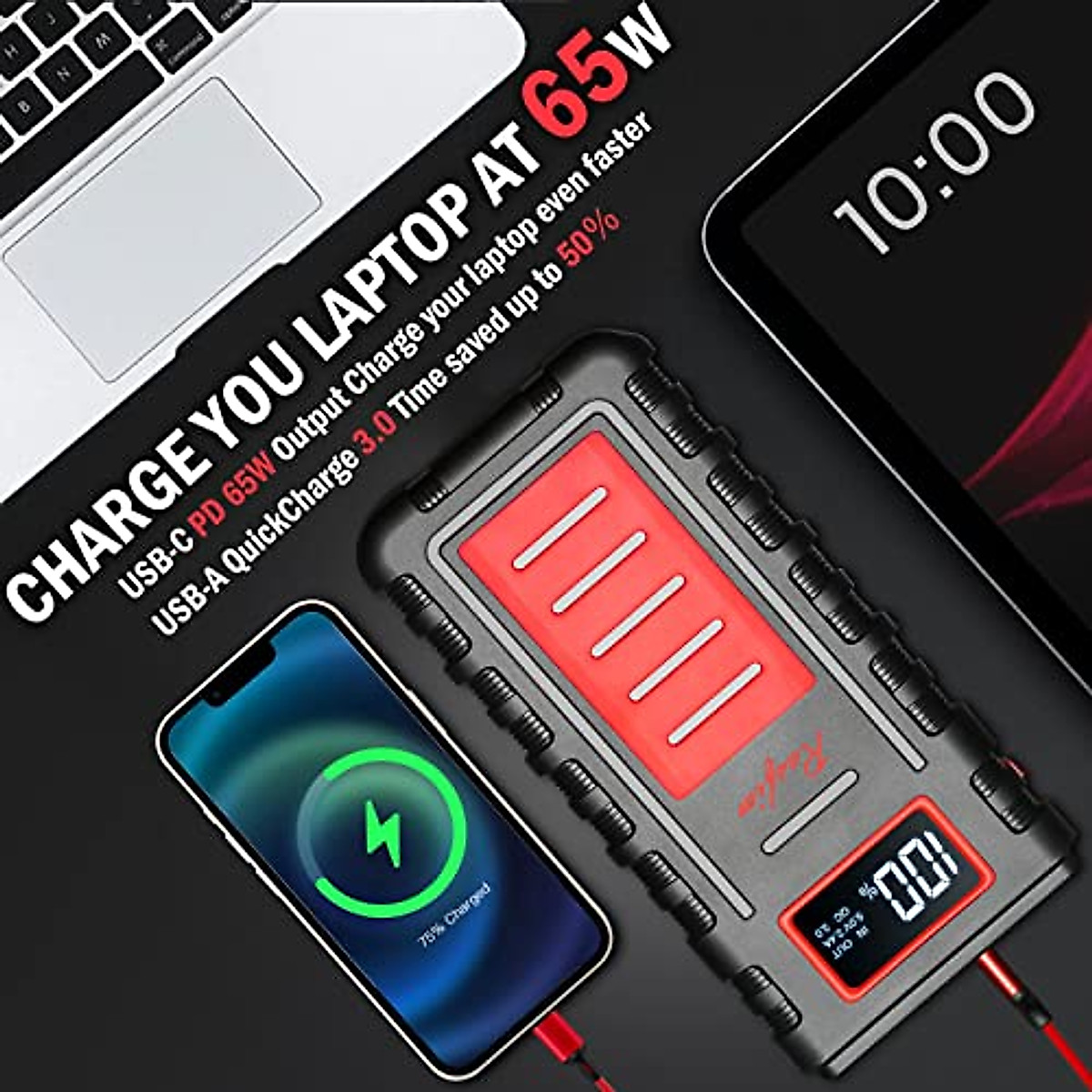 Portable Car Jump Starter, Rosfim 2000A Jump Starter Battery Pack for up to 8.5L Gas and 6.5L Diesel Engines,12V Auto Battery Booster, USB-C PD 65W Power Bank Charger with LCD Display