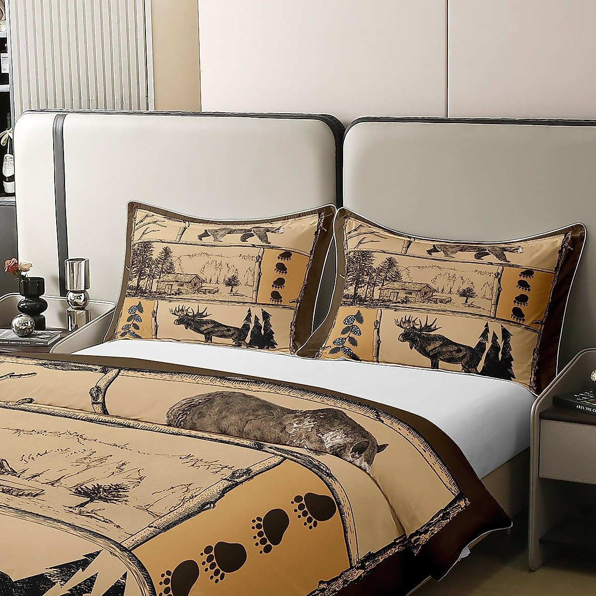 jejeloiu Bear Bedding 100% Cotton Set Rustic Farmhouse Cabin Moose Duvet Cover 100% Cotton Retro Wildlife Cover for Children Bedroom Decor Vintage Bear Paw Duvet Set King Size Zipper with Pillow Case