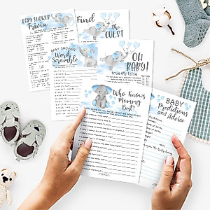 25 Elephant Who Knows Mommy Best, Baby Prediction And Advice Cards, 25 Word Scramble For Baby Shower, True Or False, 25 Trivia Baby Shower Game, Find The Guest - 6 Double Sided Cards Baby Shower Ideas