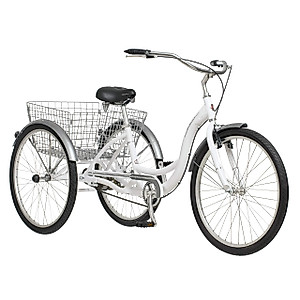 Schwinn Meridian Adult Tricycle Bike, Mens and Womens Three Wheel Beach Cruiser, 26-Inch Wheels, Low Step-Through Frame, Wide Seat, Rear Folding Basket, 1-Speed, White