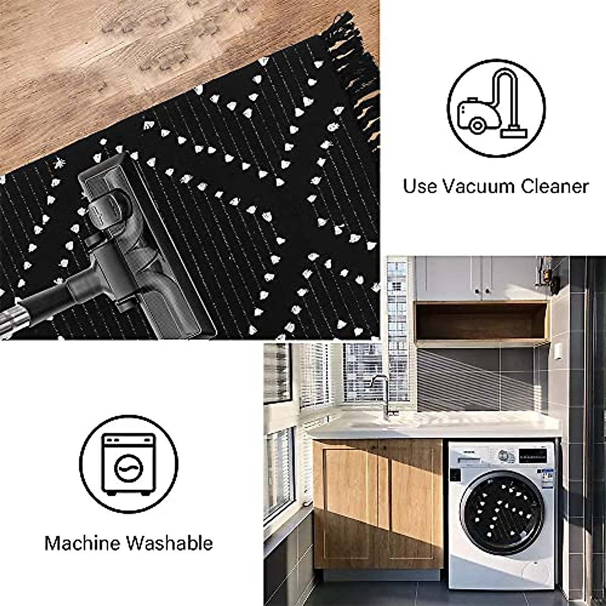 Boho Cotton Bathroom Rugs 2' x 3', Black and White Small Woven Bath Mats with Tassels, Soft Washable Geometric Kitchen Rug Decorative Floor Carpets for Laundry Room Entryway Indoors