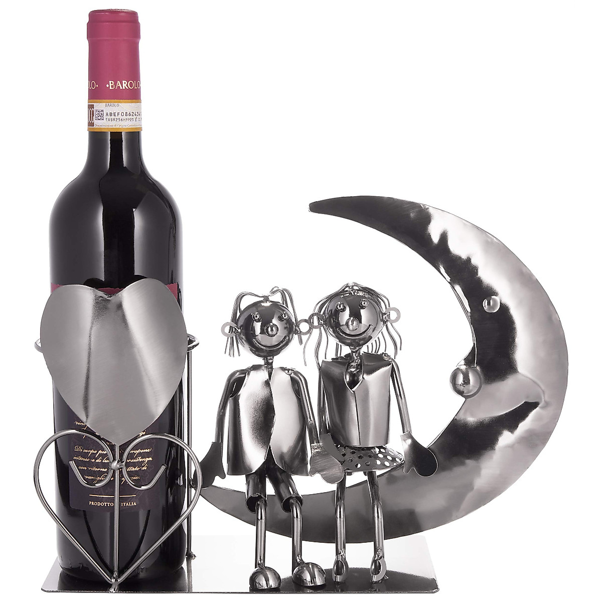 BRUBAKER Bottle Holder Wine - Couple on The Moon - Lovers Sculpture Metal - Bottle Stand with Greeting Card