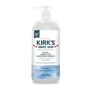 Kirk's 3-in-1 Head to Toe Nourishing Liquid Cleanser- for Men, Women & Children - Premium Coconut Oil & Aloe Vera- Non GMO & Vegan -Original Fresh Scent - 32 Fl Oz