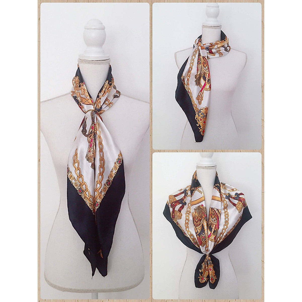 JOE GREEN CO Large Silk Like Satin Scarf Neck Head Wrap 35 Inch Square (01 Black Saddle Chain)