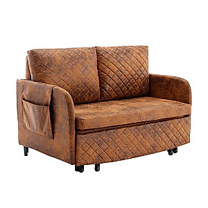 Lin-Utrend 46" Convertible Sleeper Sofa Bed, Modern Loveseat Couch with Pull Out Bed, Small Love Seat Futon Sofa Bed with Headboard, 2 Pillows Side Pockets for Living Room Apartment (Coffee)