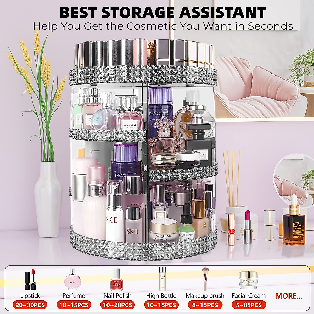 HEMTROY 360 Degree Rotating Makeup Organizer, Extra Large Capacity Organizador De Maquillaje, Removable DIY 7 Layers Skincare Organizer, Acrylic Beauty Perfume Organizer for Vanity Countertop (Gray)