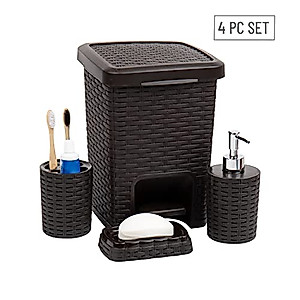 Mind Reader Basket Collection, 4 Piece Bathroom Set Includes: Square Wastepaper Pedal Basket, Toothbrush Holder, Liquid Soap Dispenser and Soap Dish, Wicker Style, Bathroom, 4 Piece Set, Brown