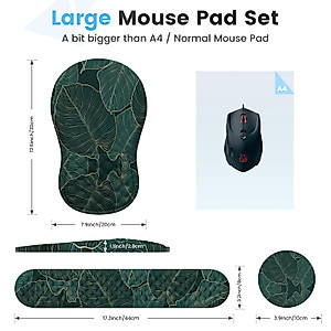 HAOCOO Ergonomic Mouse Pad with Wrist Rest and Keyboard Wrist Rest, 3 PCS Computer Carpal Tunnel Mouse Pads Set for Desk with Coaster, Memory Foam Mousepad Support for Office Laptop, Green Palm Leaves