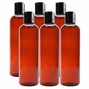 Cornucopia Brands 8oz Plastic Bottles w/Disc Top Flip Cap (6-Pack); BPA-Free Containers For Shampoo, Lotions, Liquid Body Soap, Creams (8 ounce, Amber Brown)