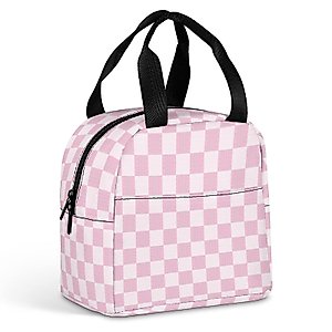 Abstract Geometric Pink Checkered Lunch Bag for Women Men, Insulated Meal Bag, Lunch Tote Bag for Work Outdoor