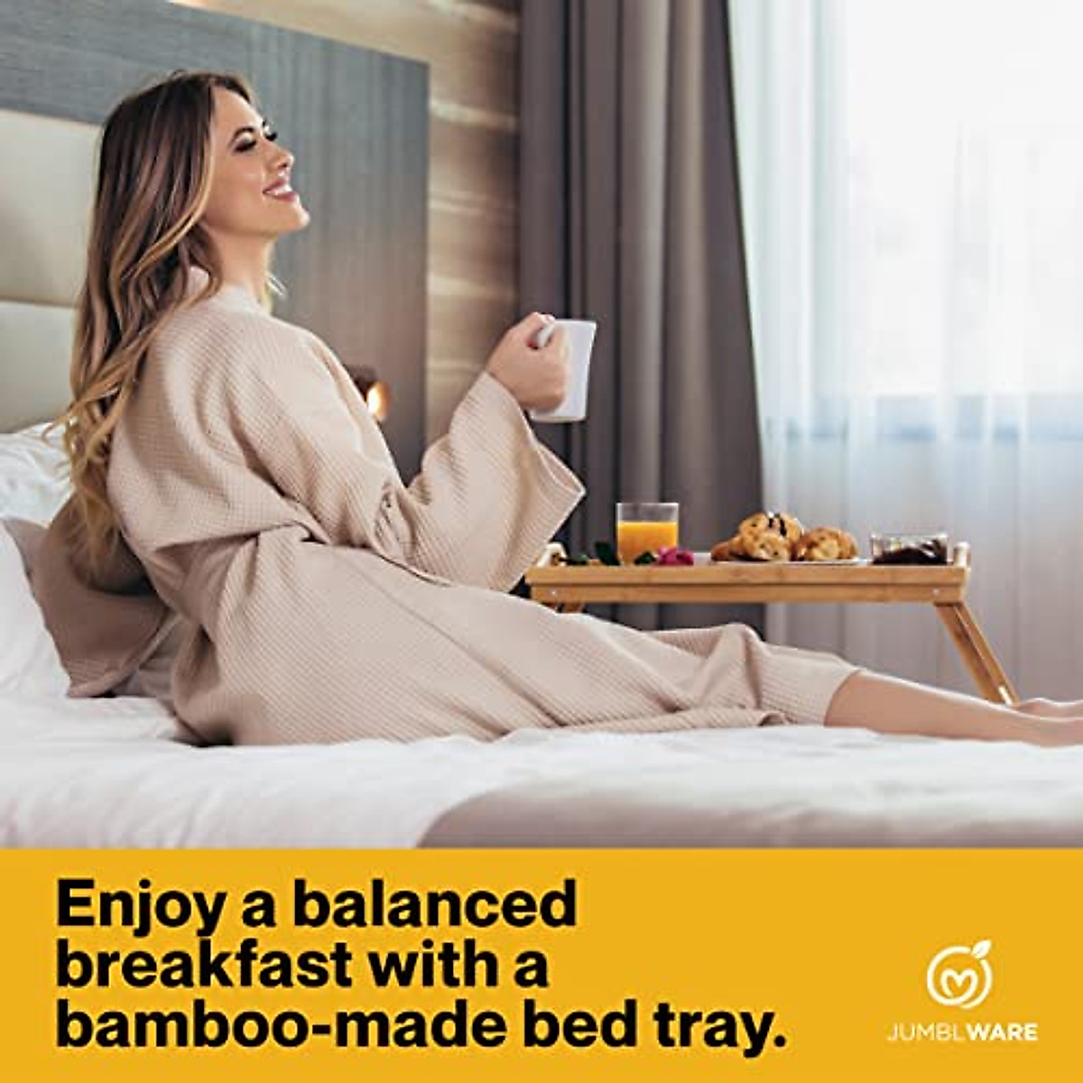 JumbleWare Bamboo Bed Tray. Portable Wooden Breakfast in Bed Serving Table Set with Folding Legs & Carry Handles for Eating Food or Working on Laptop. Great Home Gift for Women, Men, Kids & Elderly