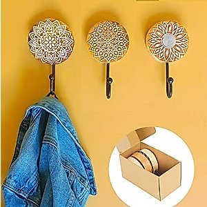 Mandala Life ART Boho Chic Decorative Wall Hook - Pack of 3 - Natural Raw Mango Wood - Hand Curved Wooden Stamp with Metal Hook for Coats,Towels, Keys,Clothes - Jewelry Hanger