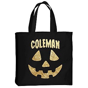 COLEMAN Name Reflective Glitter Halloween Tote Sturdy Candy Bag with Pumpkin Jack O Lantern