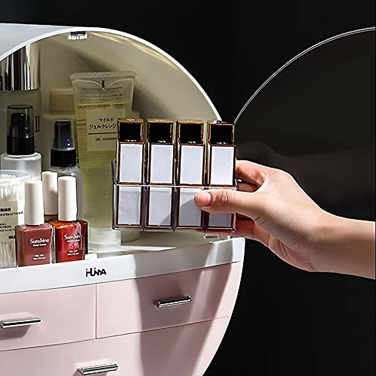 Ihuiniya Makeup Storage Organizer Box，Cosmetics storage display rack with drawer，Waterproof, dustproof, elegant display cabinet，Suitable for bathroom countertop, bedroom dresser (Large Pink)