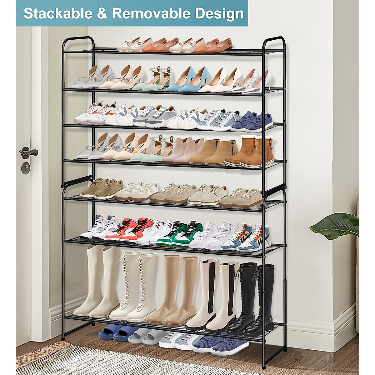 AOODA 4 Tier Long Metal Shoe Rack for Closet Wide Stackable Shoe Organizer for Entryway, Bedroom, Floor, Holds 30 Pairs Men Sneakers Large Shoe Storage Shelf with Wire Grid, Black