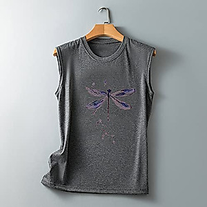 Annhoo T9- Grey Lounge Blouses for Womens Sleeveless Crew Neck Spandex Dragonfly Graphic Tie Dye Cami Tank Blouse Vest Ladies 7A XXL