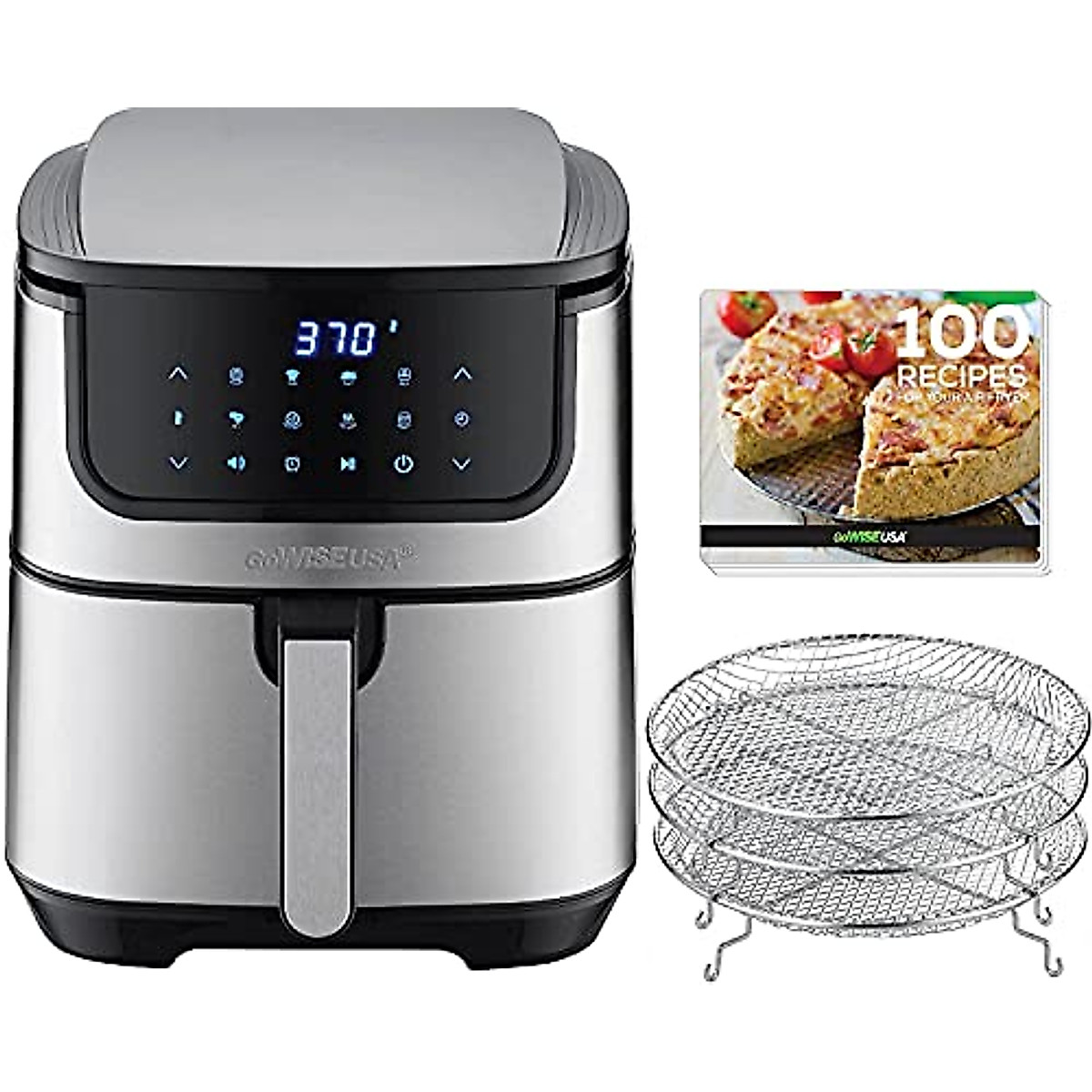 GoWISE USA 7-Quart Air Fryer & Dehydrator Max Steel XL- with Touchscreen Display with Stackable Dehydrating Racks with Preheat & Mute Functions + 100 Recipes (Stainless Steel)
