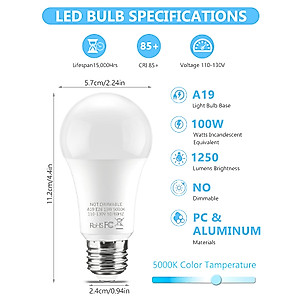 BTBHIHO 6-Pack A19 LED Light Bulbs 100W Equivalent 1250 Lumens, 13W 5000K Cool White Non-Dimmable, No Flicker, Super Bright CRI85+ Standard E26 Edison Screw Bulbs for Bedroom, Home, Office
