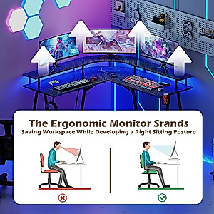 SUPERJARE L Shaped Gaming Desk with Power Outlets & LED Lights, Carbon Fiber Surface, Computer Desk with Monitor Stand, Home Office Desk Corner Desk with Cup Holder & Hooks, Black