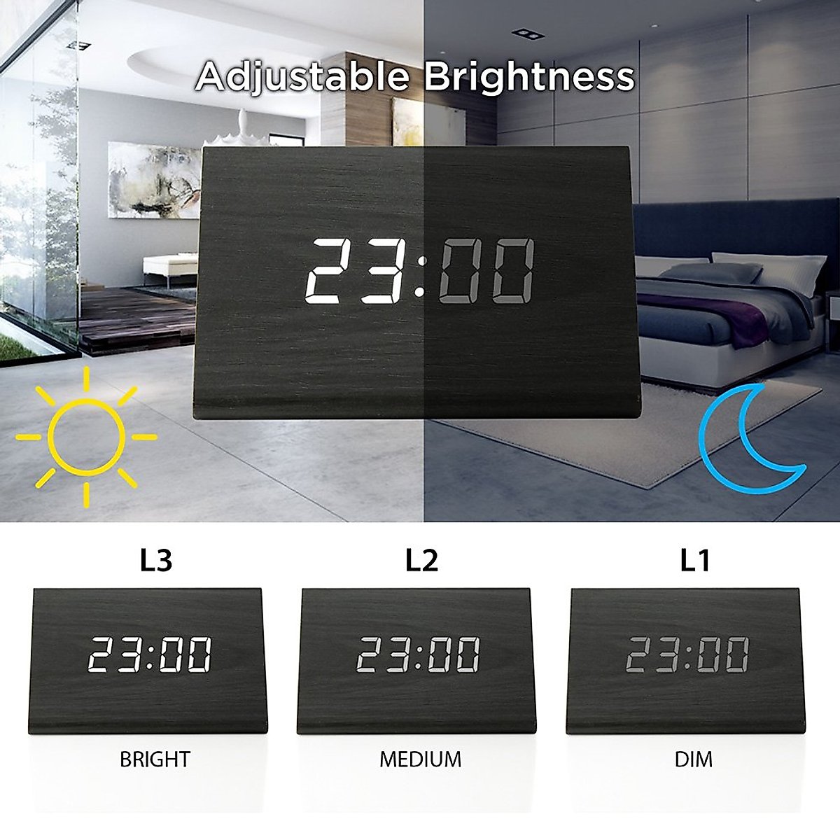 OCT17 Wooden Wood Clock, New Version LED Alarm Digital Desk Clock Adjustable Brightness, Alarm Time, Displays Time Date Temperature - Black