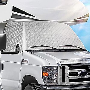 RV Windshield Cover Compatible with Ford Class C 1997-2023 RV Front Window Cover RV Motorhome Windshield Cover RV Window Shade Sunshade Cover Snow Cover with Mirror Cutouts