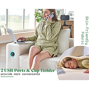 AMERLIFE 114 Inch Sectional Sofa,6 Seats Modular Sectional Sofa with Storage, U Shaped Couch with 2 USB Ports &Cup Holders, Ottomans, 4 Pieces Set White Bouclé Sofa Couch