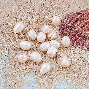 Beadthoven 100pcs 7-10mm Natural Oval Freshwater Pearl Beads 1.8mm Big Large Hole Rice Shape Pearls for Leather Cord Beading Jewelry Making DIY Crafts (White)