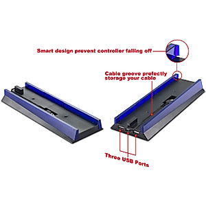 KlsyChry Stand with HUB & Blue Light for PS4, Blue Led Light Vertical Stand Base with 3 USB HUB Port for Sony Playstation 4 PS4 Console (Black)