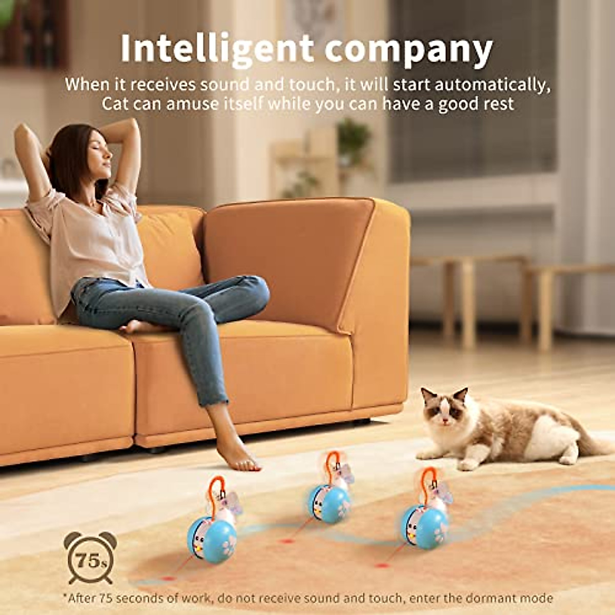 Vepnanline Cat Toys for Indoor Cats Automatic Interactive Cat Laser Toy Rechargeable Cat Ball Toys with Feathers(Blue)