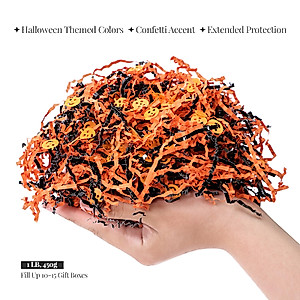 UNIQOOO 1LB Halloween Crinkle Cut Paper, Metallic Black Orange Shredded Paper Raffia Filler w/Pumpkin Confetti, Trick or Treat Candy Gift Basket Box Craft Bedding Cushion, Birthday Party Packaging