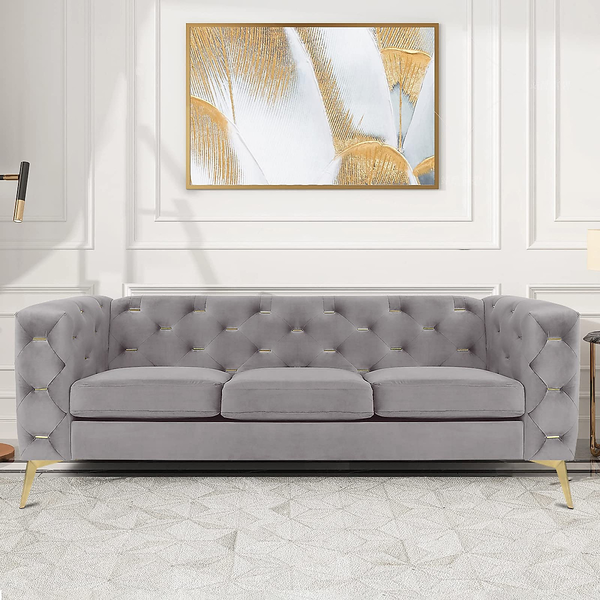 LEVNARY Modern Chesterfield Sofa, Velvet Button Tufted Upholstered 3 Seater Couch, 84 Inches Settee Sofa with High Arm and Golden Metal Legs, Couches for Living Room Bedroom Office (Gray)