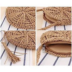 Ayliss Women Straw Crossbody Purse Beach Handmade Woven Shoulder Bag with Tassels (Round-Khaki)