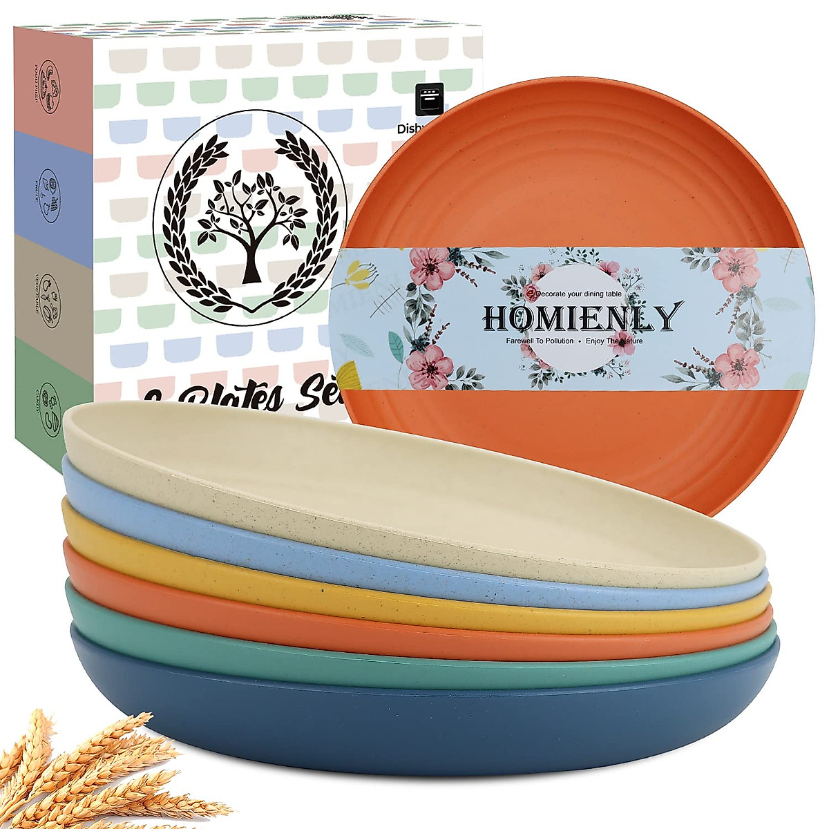 Homienly 6 PCS Deep Dinner Plates Alternative for Plastic Plates Microwave and Dishwasher Safe Wheat Straw Plates for Kitchen Unbreakable Kids Plates with 6 Colors (8 INCH)