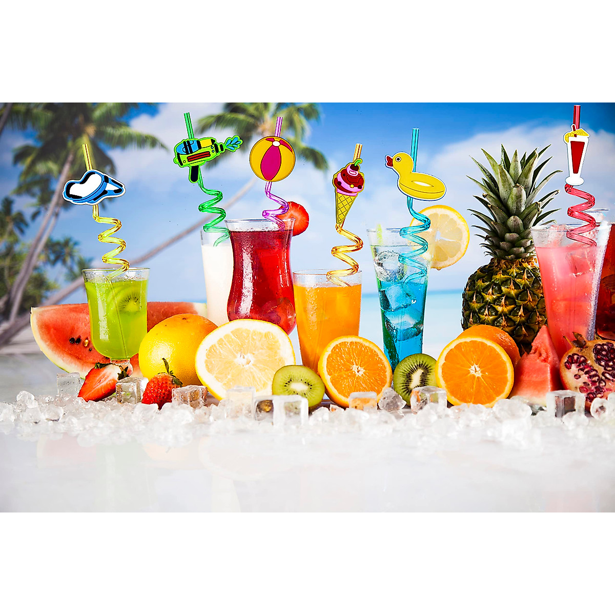 24 Pieces Beach Theme Reusable Shape Straws, Drink Straws Beach Ball Pool Summer Birthday Party Favor Decorations with 2 Cleaning Brushes 8 Color Straws