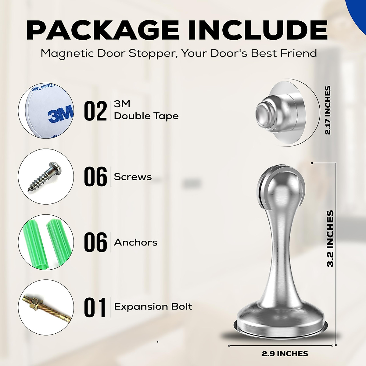 OmHome Magnetic Door Stop Silver Pack of 1 Soft-Magnetic Door Catch, Magnetic Door Stoppers for Bottom of Door, Practical, and No-Drill Solution with 3M Self Adhesive Pads to Hold Wide Doors Securely