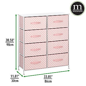 mDesign 38.31" High Steel Frame/Wood Top Storage Dresser Furniture, 8 Fabric Drawers, Large Bureau Organizer for Baby, Kid, Teen Bedroom, Nursery, Playroom, Dorm, Pink/White Polka Dot