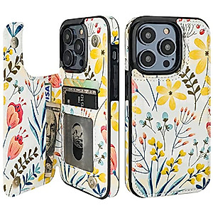 HAOPINSH for iPhone 14 Pro Wallet Case with Card Holder, Floral Flower Pattern Back Flip Folio PU Leather Kickstand Card Slots Case for Women Girls, Double Magnetic Clasp Shockproof Cover 6.1"