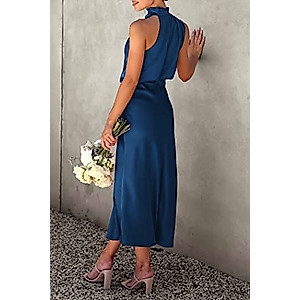 PRETTYGARDEN Women's 2023 Summer Satin Dress Elegant Sleeveless Mock Neck Cocktail Party Maxi Dresses (Dark Blue,Small)