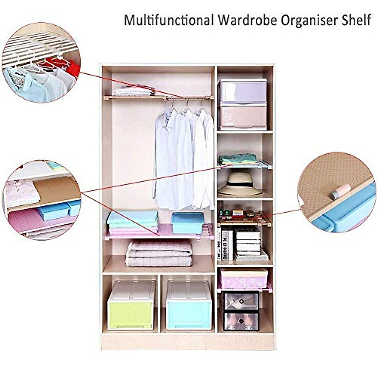 TabEnter Adjustable Shelf Organizer Expandable Closet Shelf and Rod with No Drilling for Wardrobe Cupboard Kitchen Bookcase (10.3" - 14.9")
