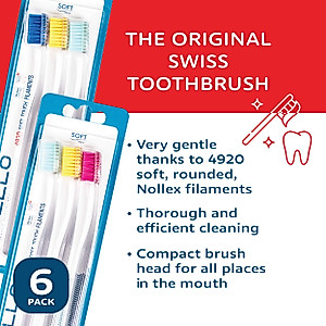 TELLO 4920 Adult Soft Swiss Toothbrush for Gentle Cleaning, 6-Pack